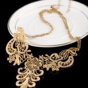Metal Golden Lace Cut Out Design Necklace on Luulla