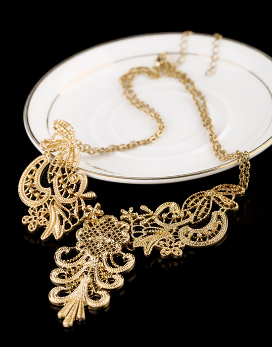 Metal Golden Lace Cut Out Design Necklace on Luulla