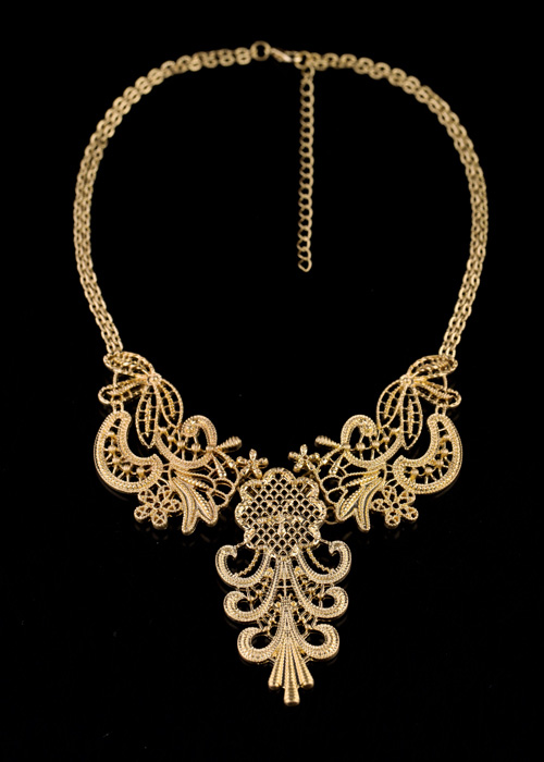 Metal Golden Lace Cut Out Design Necklace on Luulla