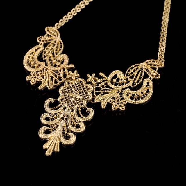 Metal Golden Lace Cut Out Design Necklace on Luulla