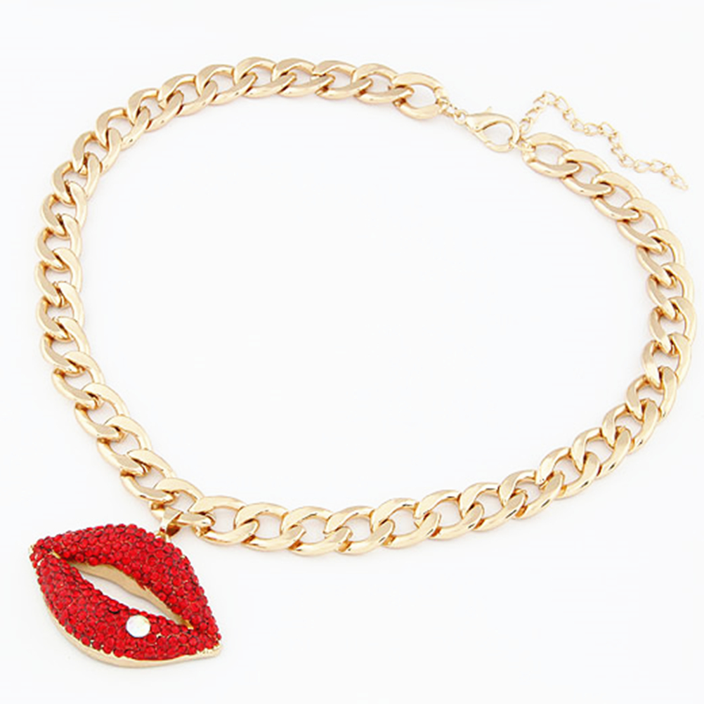 Golden Chain With Red Rhinestone Lip Neceklace on Luulla
