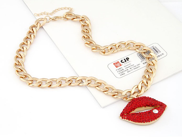 Golden Chain With Red Rhinestone Lip Neceklace on Luulla