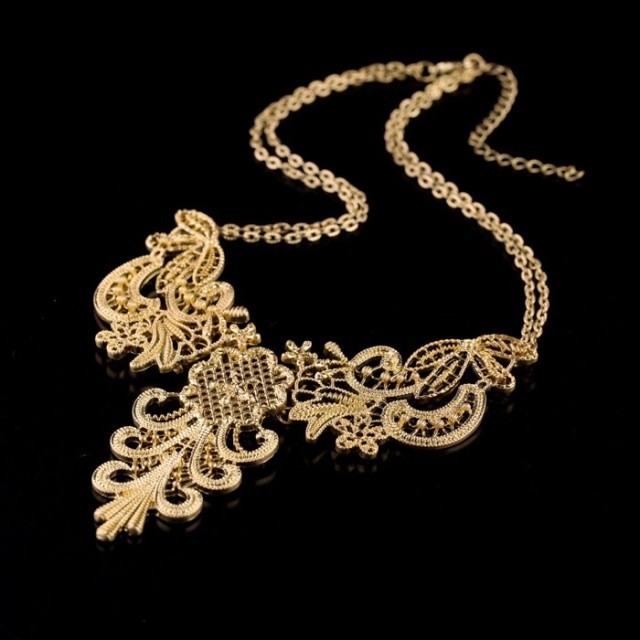 Metal Golden Lace Cut Out Design Necklace on Luulla