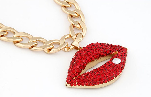 Golden Chain With Red Rhinestone Lip Neceklace on Luulla